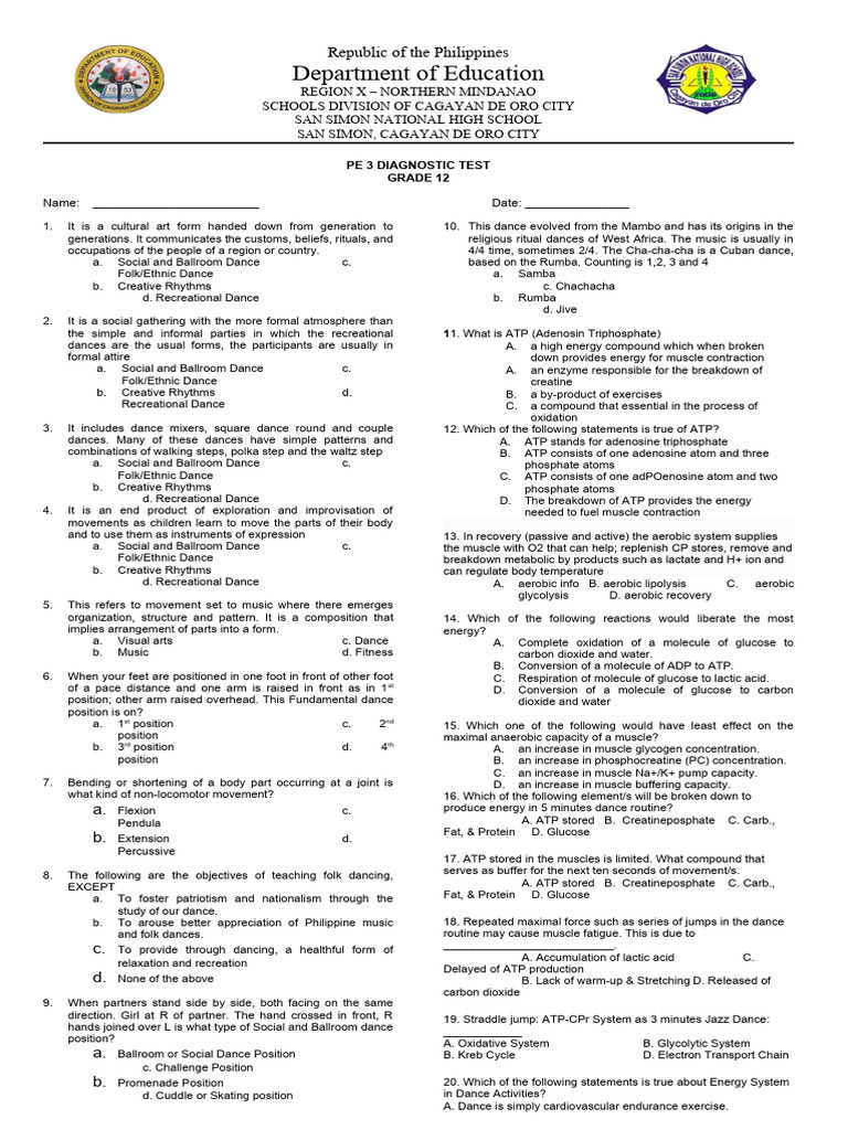 Pre Test in PE2 | PDF | Cellular Respiration