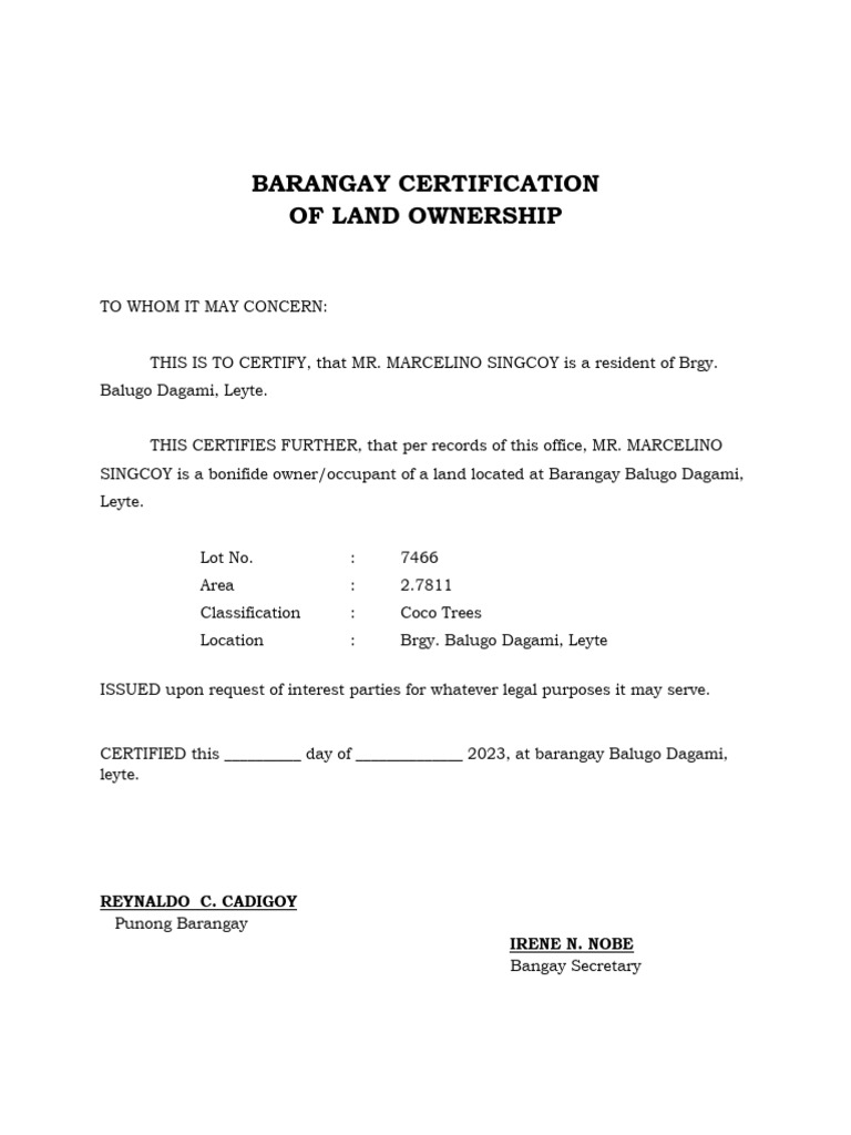 Barangay Land Ownership Certification | PDF