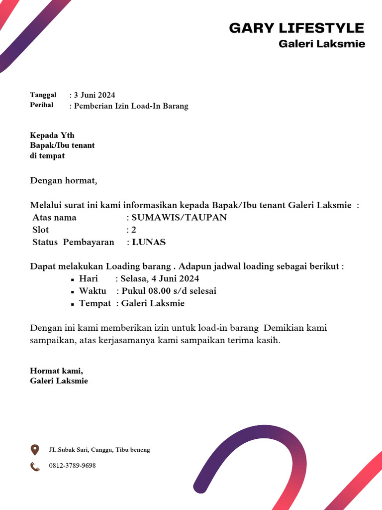 Surat Load in Barang Bu Man - Gal Laksmie | PDF