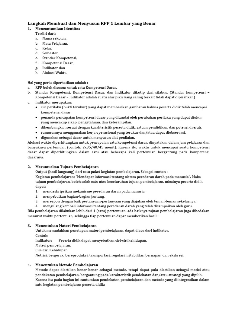 Langkah Membuat Dan Menyusun RPP 1 Lembar Yang Benar | PDF