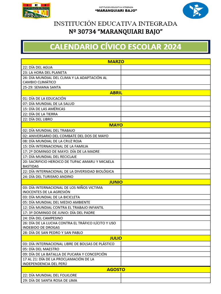 Calendario Civico Escolar 2024 | PDF