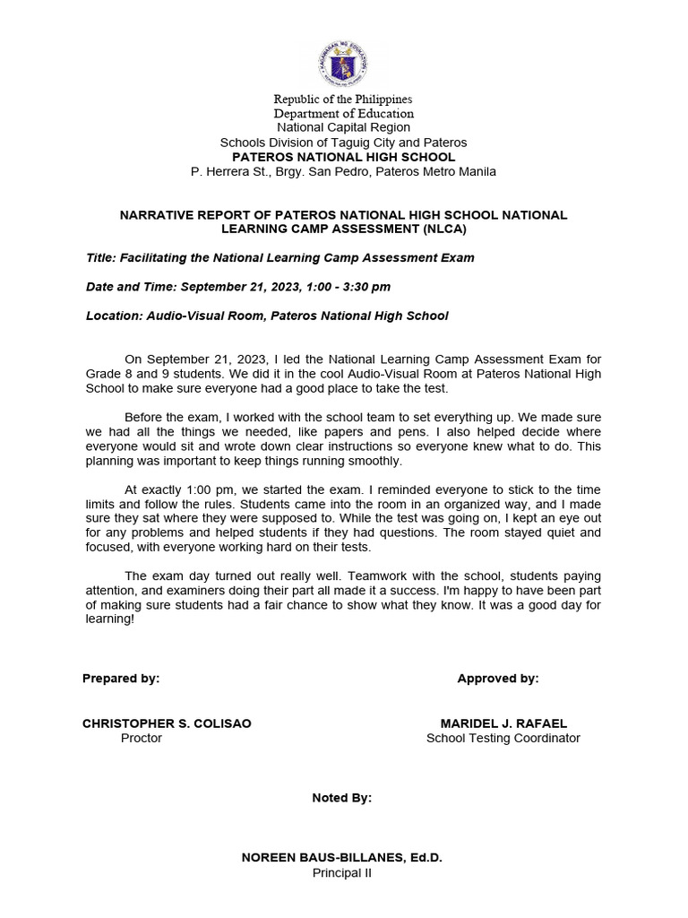 Narrative Report NLC | PDF | Metro Manila | Educational Assessment And ...