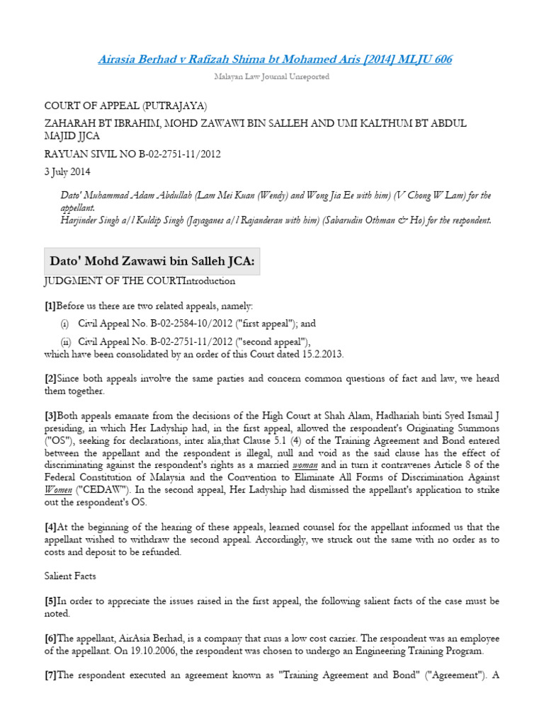 Airasia Berhad V Rafizah Shima BT Mohamed Aris (2014) M | PDF | Treaty ...