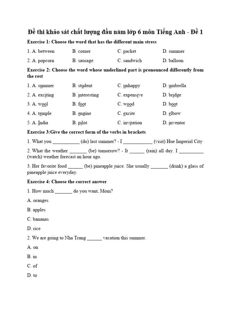 De Thi Khao Sat Chat Luong Dau Nam Lop 6 Mon Tieng Anh de 1 | PDF | Teaching Methods & Materials