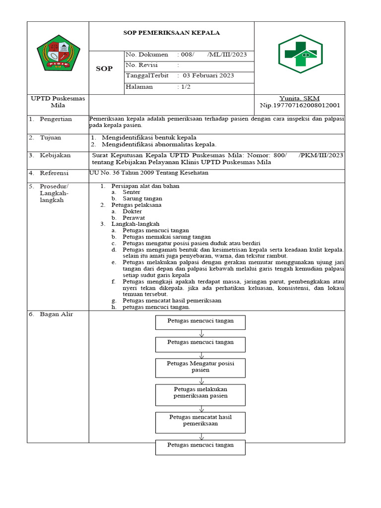 Sop Pemeriksaan Kepala | PDF