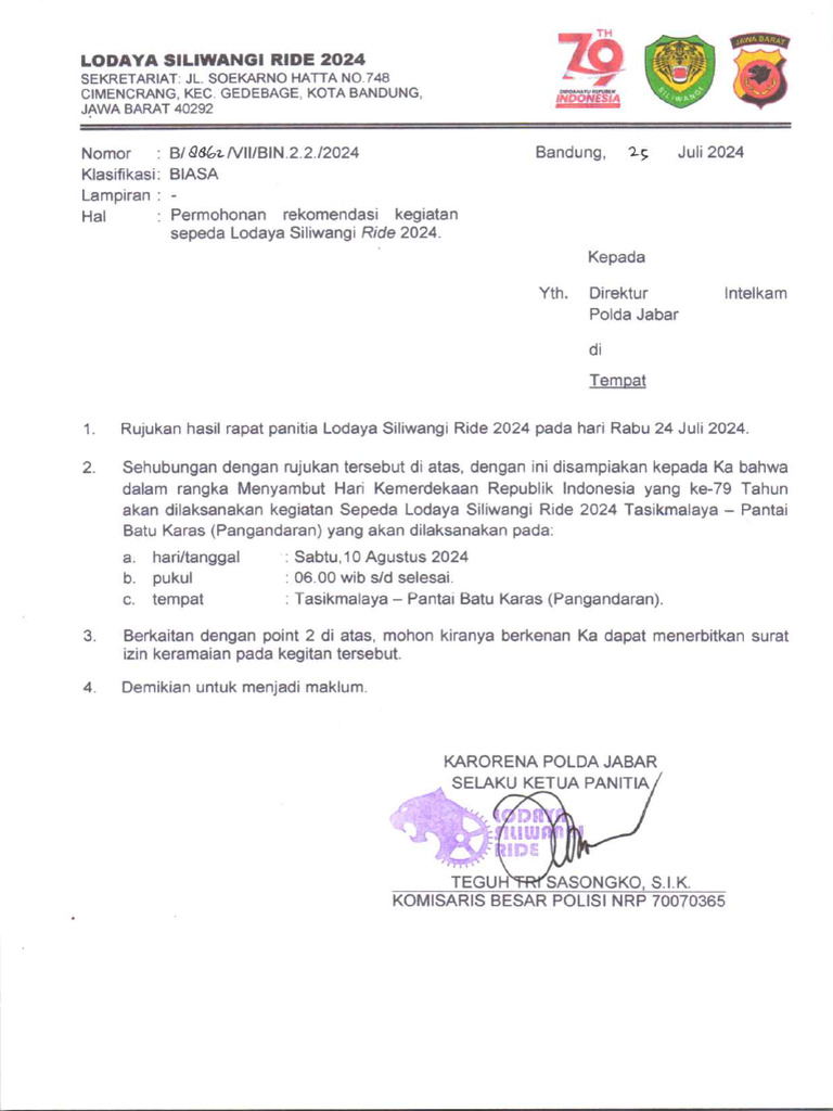 Surat Permohonan Rekomendasi Kegiatan Lodaya Siliwangi Ride 2024 Dir ...