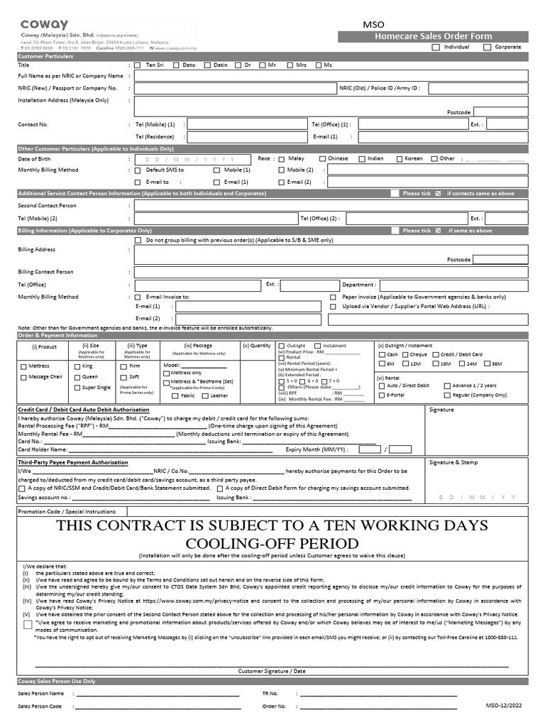 Homecare Sales Order Form (HSOF) | PDF | Credit Card | Payments