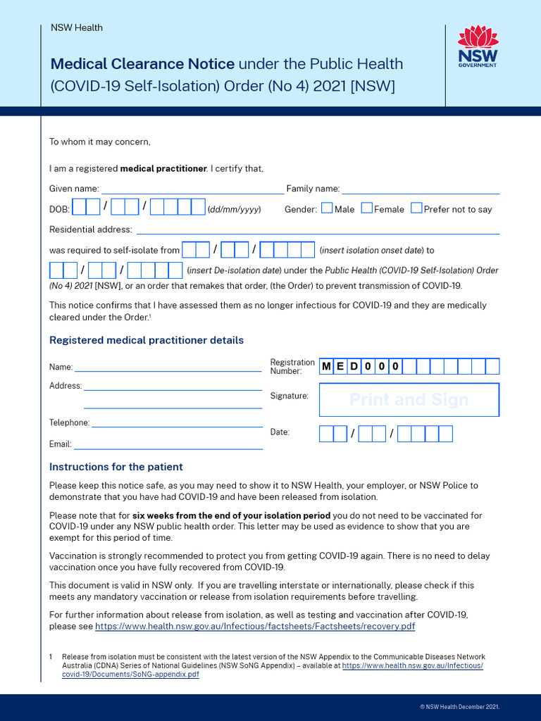 NSW COVID-19 Medical Clearance Notice | PDF | Medicine | Pandemic