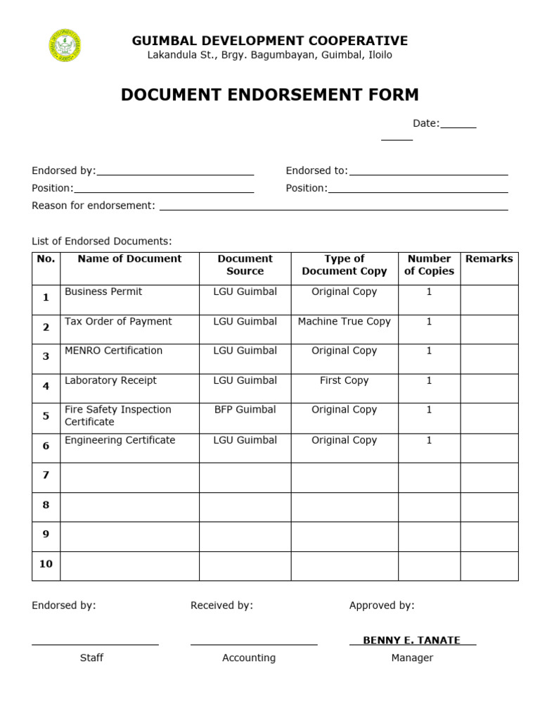Document Endorsement Formss | PDF