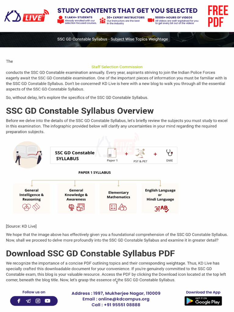 SSC GD Constable Syllabus Subject Wise Topics Weightage | PDF