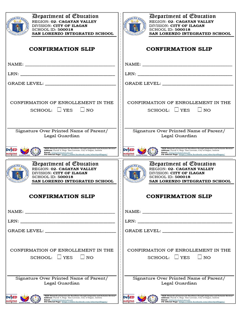 CONFIRMATION SLIP For SY 2024 2025 | PDF