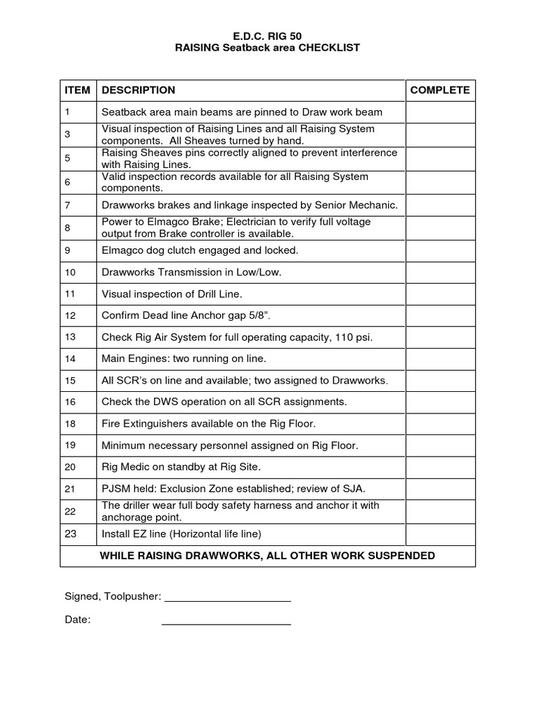 Rig 50 Raise Seatback Area Checklist | PDF