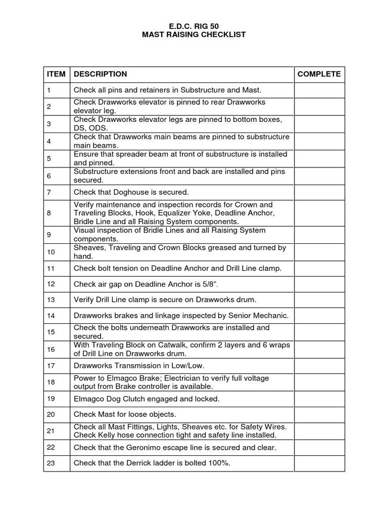 Mast and Substructure Checklist | PDF | Elevator | Manufactured Goods
