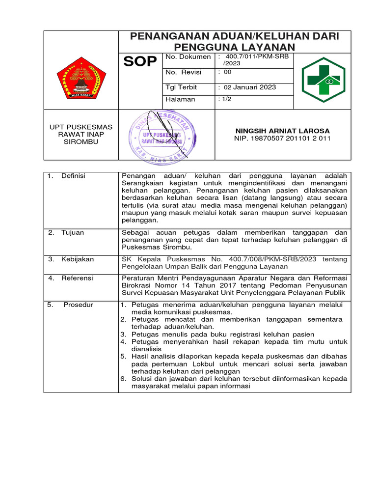 Sop Penanganan Aduan - Keluhan Dari Pengguna Layanan | PDF