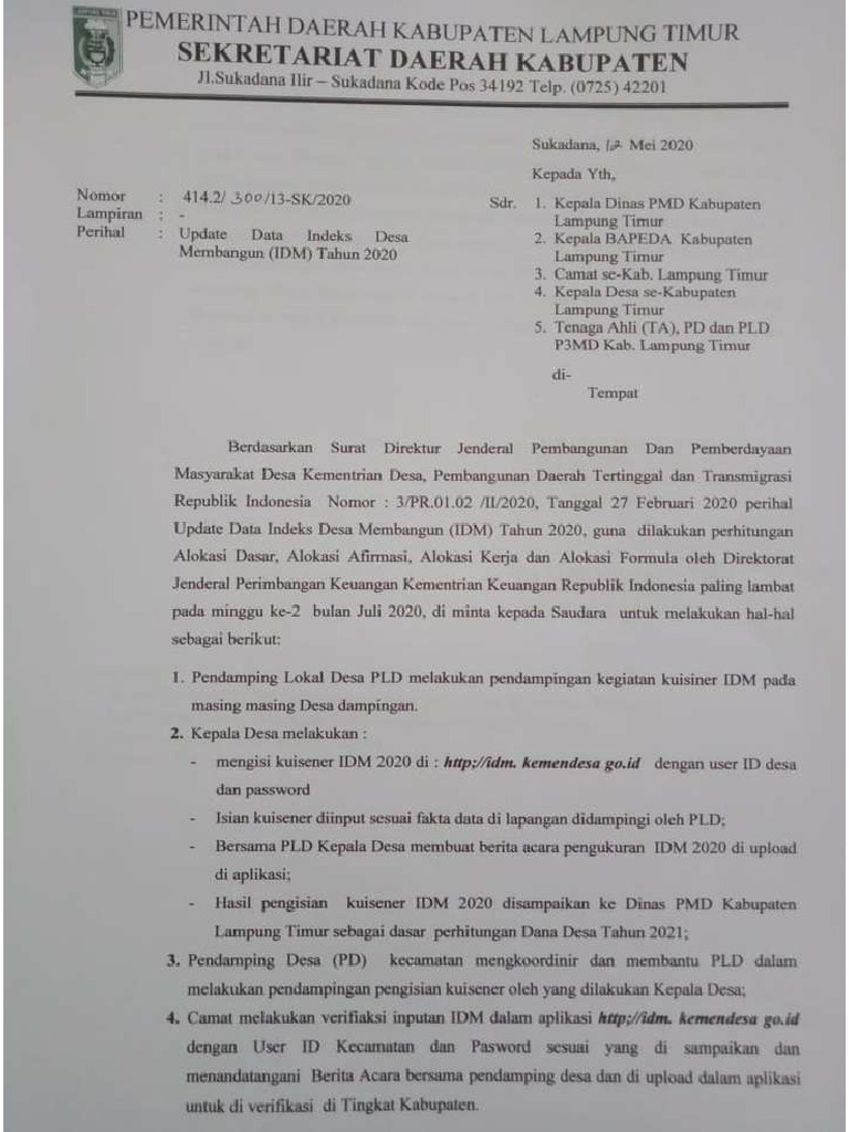 Surat Update Indeks Desa Membangun (Idm) 2020 | PDF