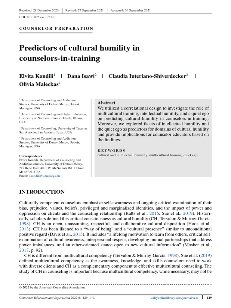 Kondili Et Al (2022) - Predictors of Cultural Humility in Counselors-In ...