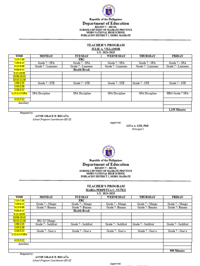 Mobo NHS Teacher Schedules 2024-2025 | PDF