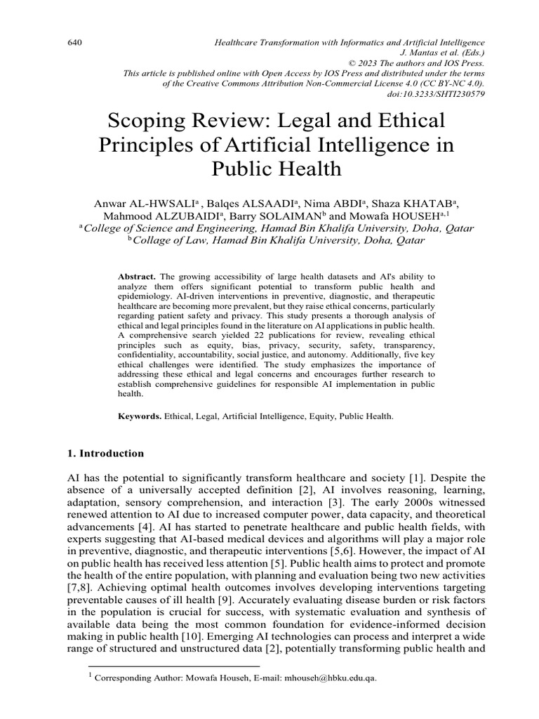 Scoping Review - Legal and Ethical Principles of Artificial Intelligence in Public Health | PDF ...