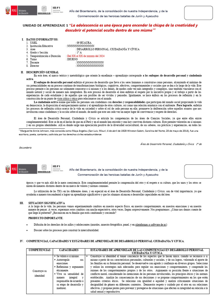 Unidad de Aprendizaje DPCC 1 Bim | PDF | Aprendizaje | Evaluación