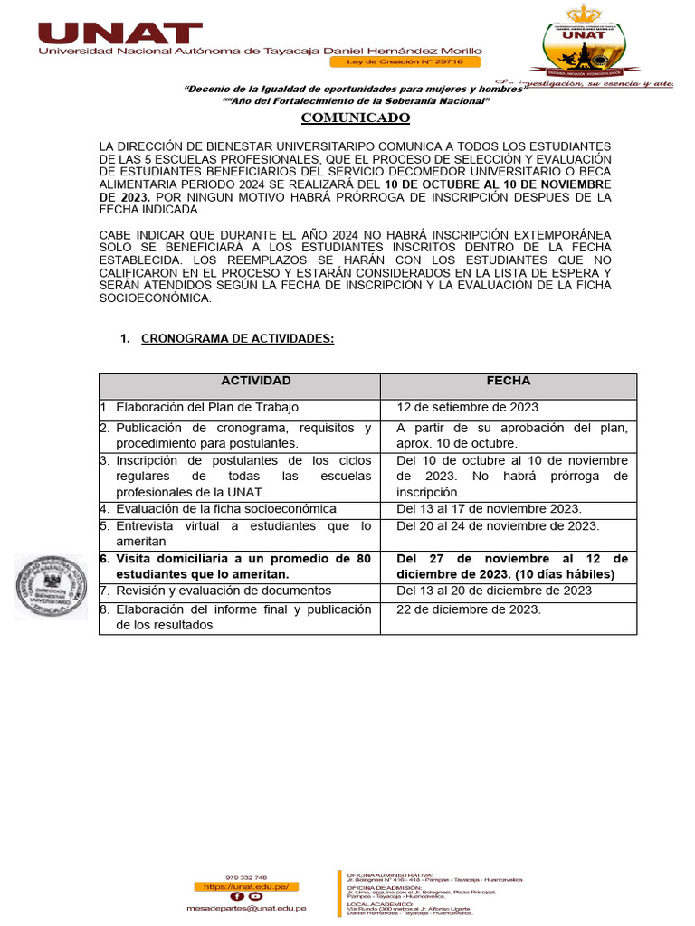 Comunicado Del Proceso de Evaluación Comedor 2024 | PDF