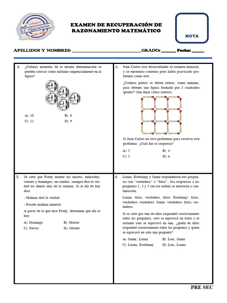 Examen de Recuperación de Raz. Matemático Pre Sec | PDF