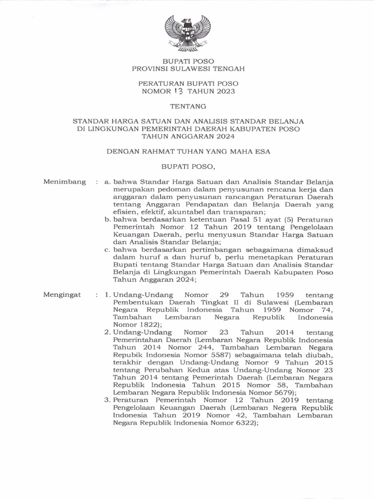 PERBUB NO.13 TAHUN 2023 Tentang Standar Harga Satuan & Analisis Standar Biaya | PDF