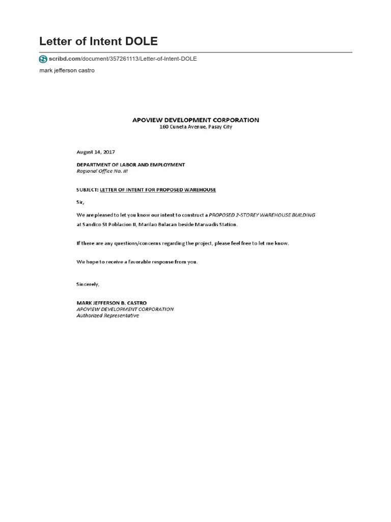 Letter of Intent DOLE - PDF Sample | PDF