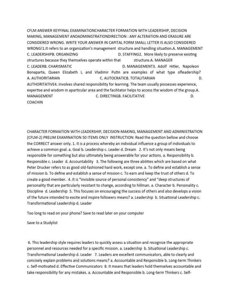 CFLM Questions - WPS Office | PDF | Leadership | Transformational ...