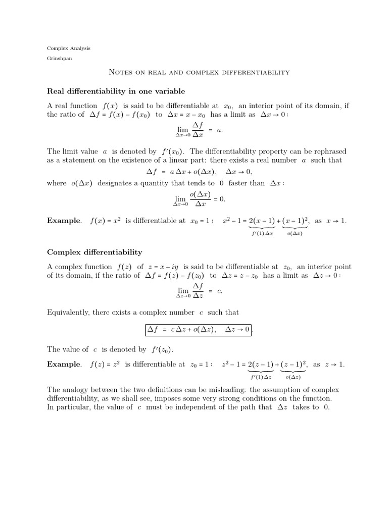 Real and Complex Differentiability | PDF | Holomorphic Function ...