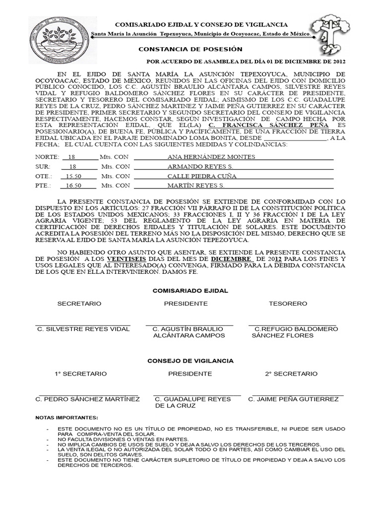 Constancia de Posesion Ejidal 01 | PDF | Gobierno