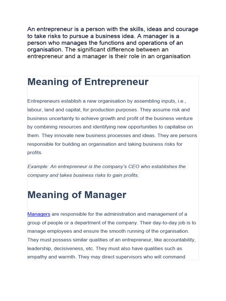 Entrepreneur Vs Manager | PDF | Entrepreneurship | Risk
