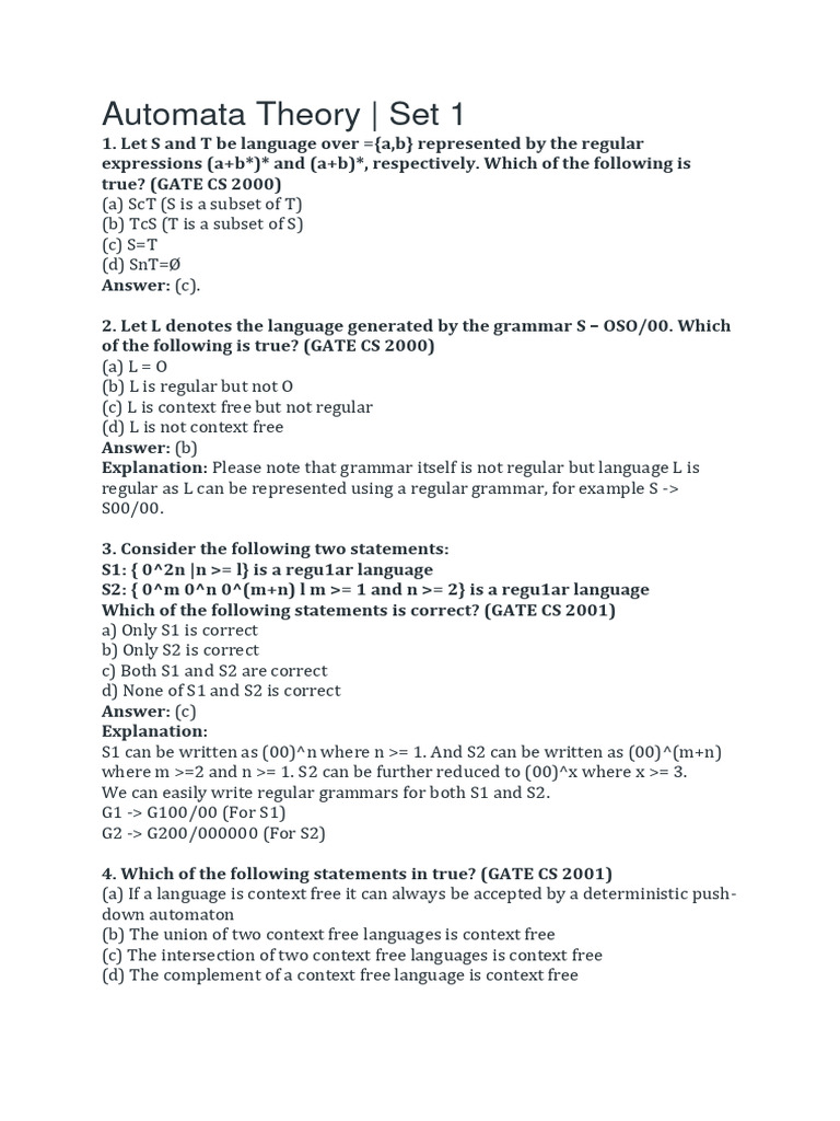 Automata Theory - Set 1 | PDF | Automata Theory | Formal Methods