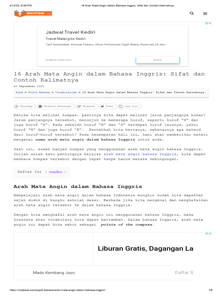 16 Arah Mata Angin Dalam Bahasa Inggris - Sifat Dan Contoh Kalimatnya | PDF