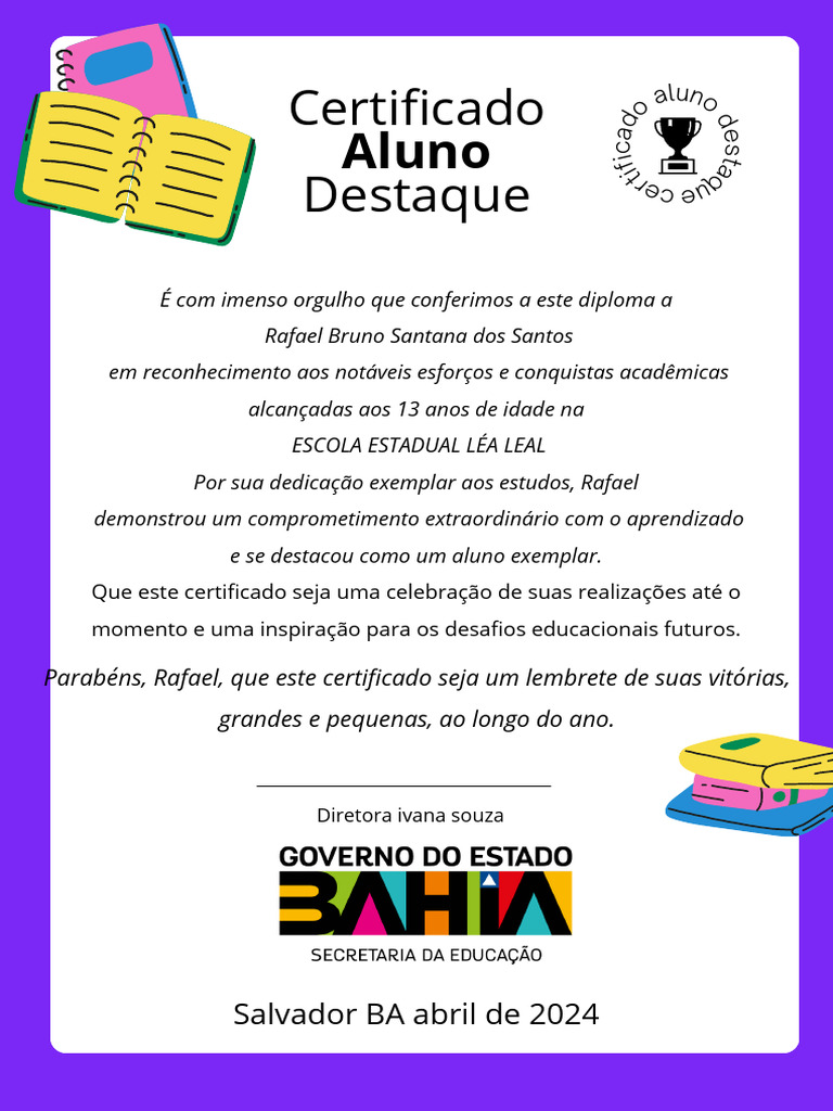 Certificado de Reconhecimento Aluno Destaque Moderno (1) - 1 | PDF