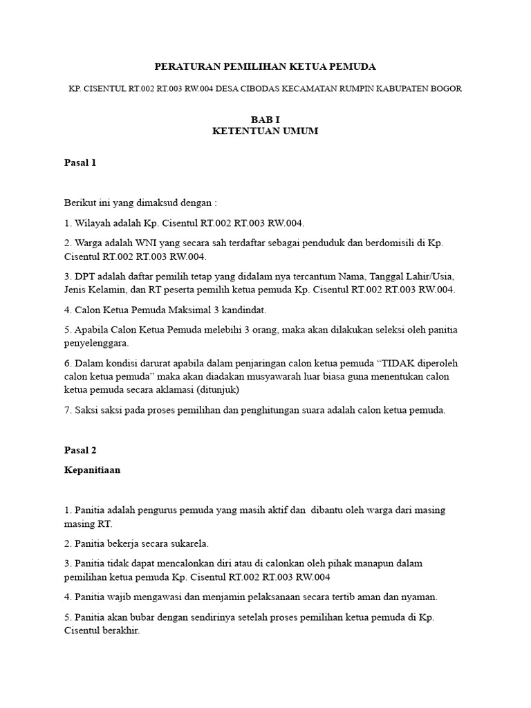 Peraturan Pemilihan Ketua Pemuda: Kp. Cisentul Rt.002 Rt.003 Rw.004 ...