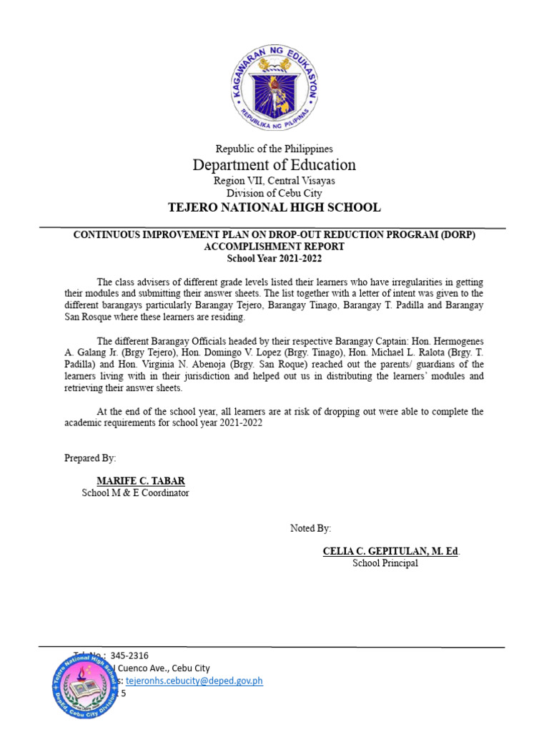 Continuous Improvement Plan Accomplishment Report | PDF