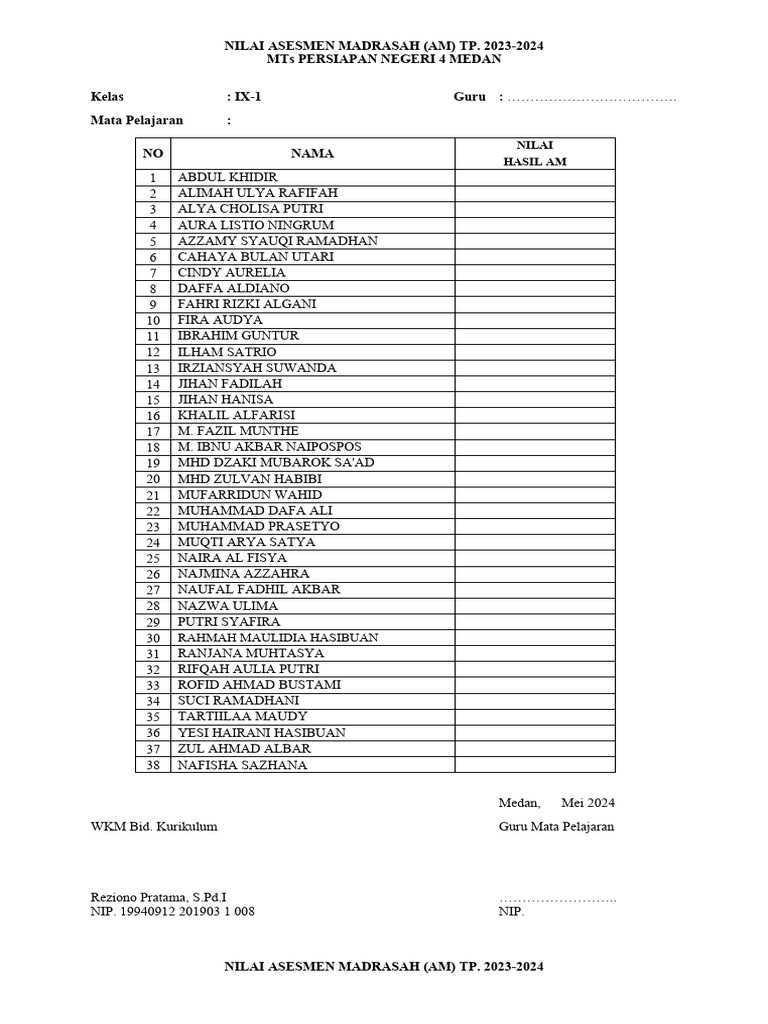 Format Nilai Asesmen Madrasah 2024 | PDF