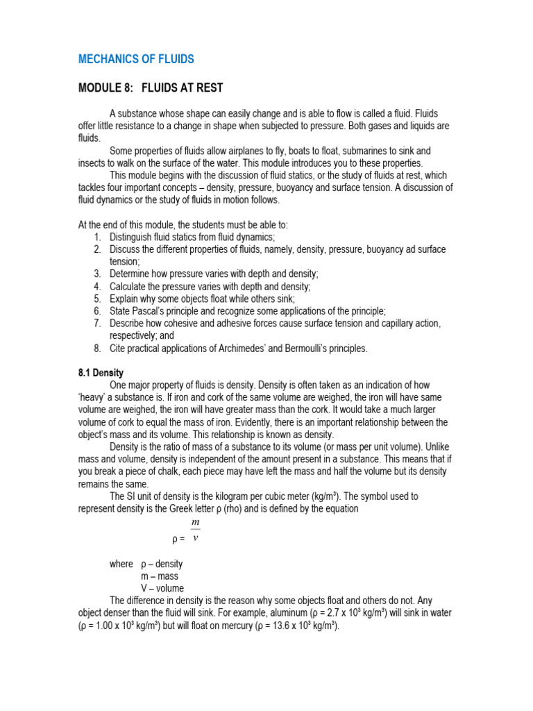 Module 8 - MECHANICS OF FLUIDS | PDF | Buoyancy | Pressure