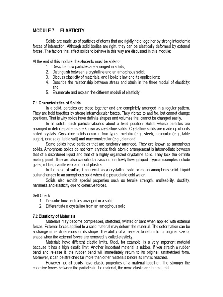 Module 7 - ELASTICITY | PDF | Elasticity (Physics) | Young's Modulus