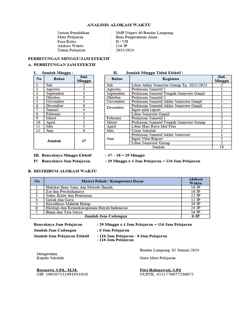 Analisis Alokasi Waktu, Prota, Prosem | PDF