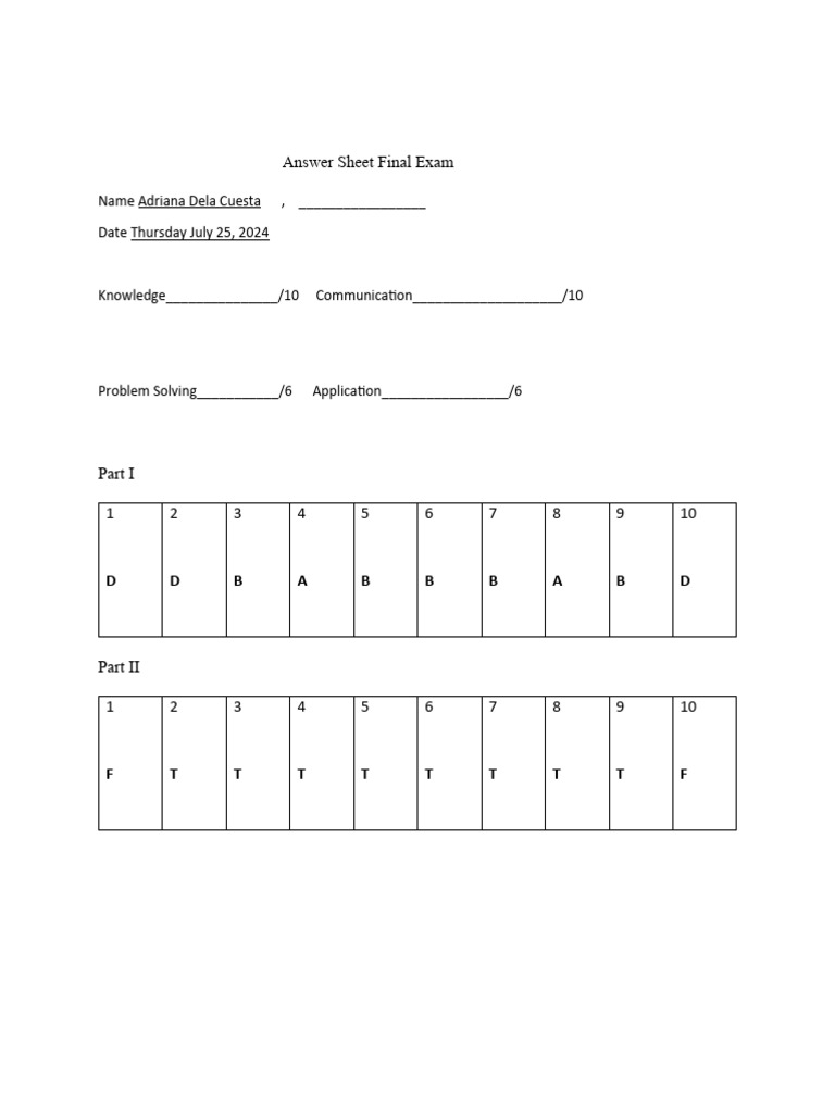 Final Exam Answer Sheet 2024 | PDF