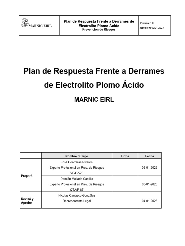 Plan de Respuesta Derrames de Electrolito MARNIC | PDF | Química ...