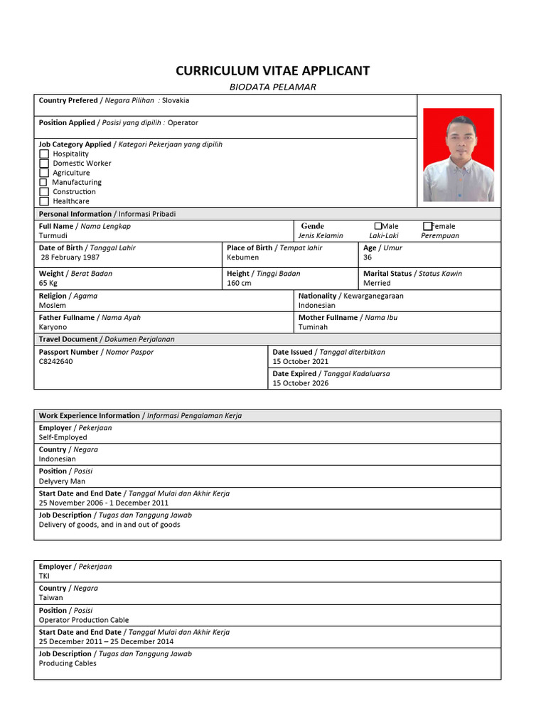 Formulir CV Pelamar Operator Slovakia | PDF