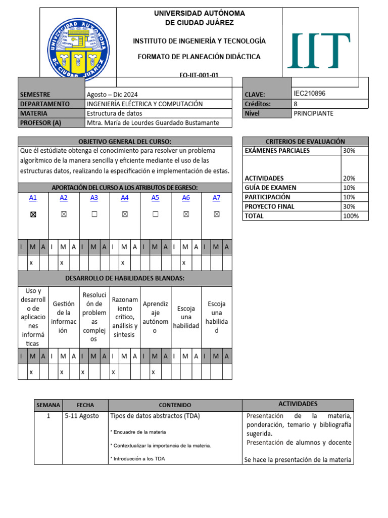 Planeación Didáctica Por Materia 2020-Estructura de Datos | PDF | Ingeniería | C