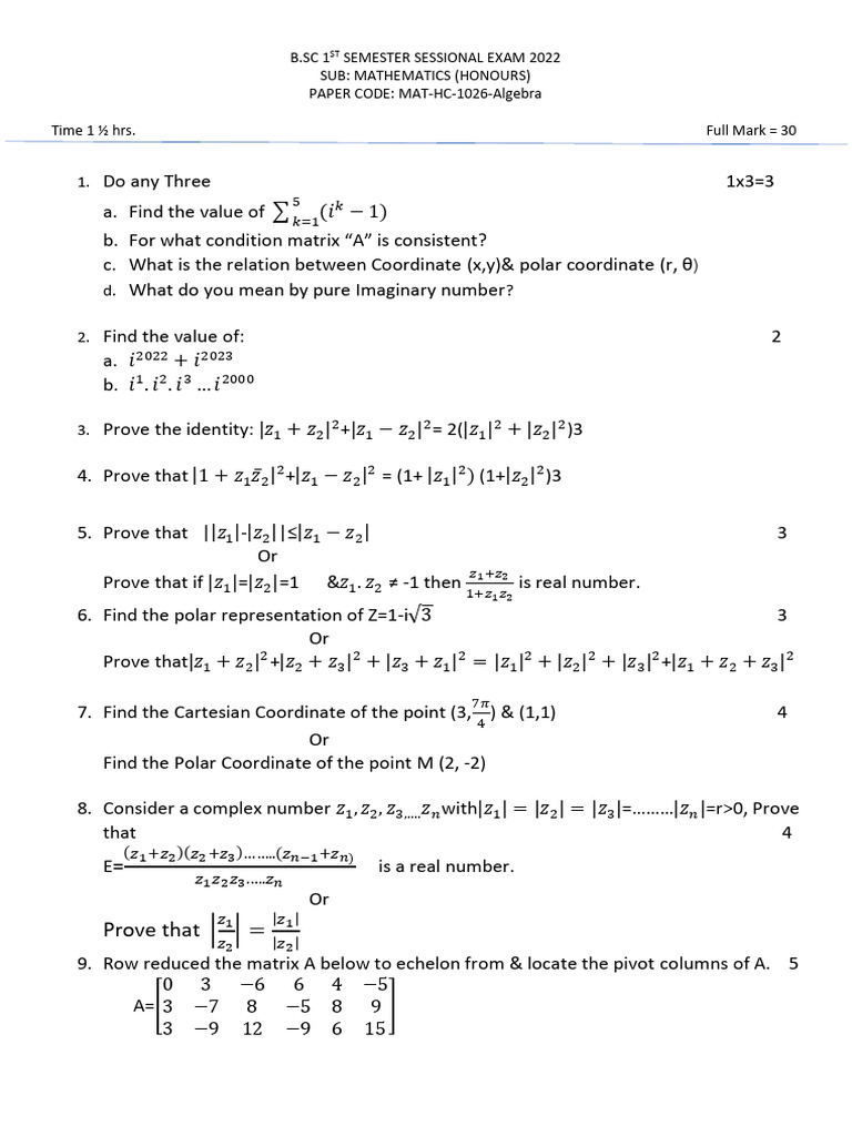 Question Paper Algebra | PDF | Coordinate System | Complex Number