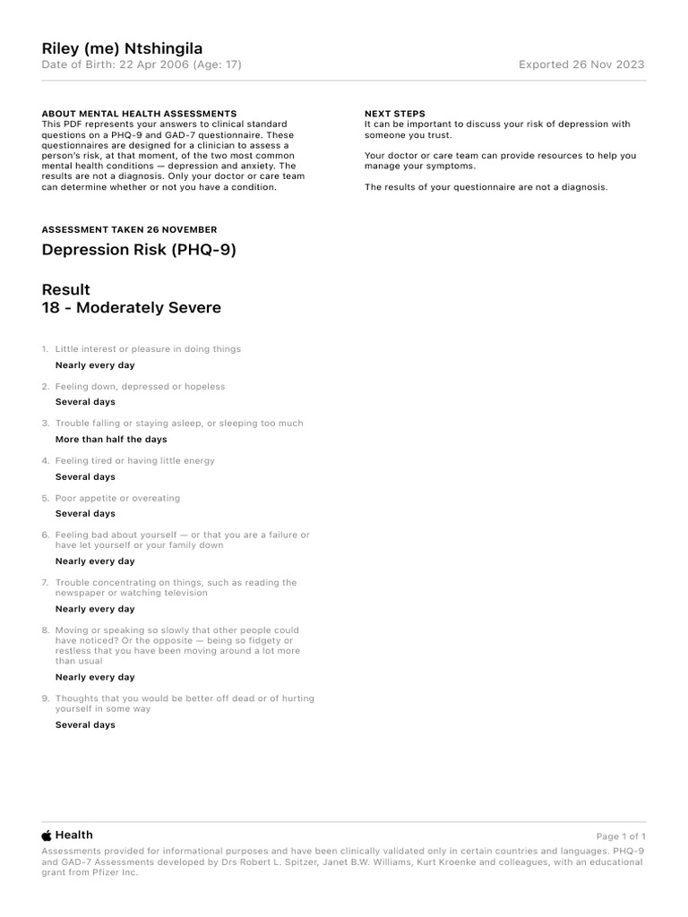 Health - Riley (Me) Ntshingila - Mental Wellbeing 2023-11-26 | PDF