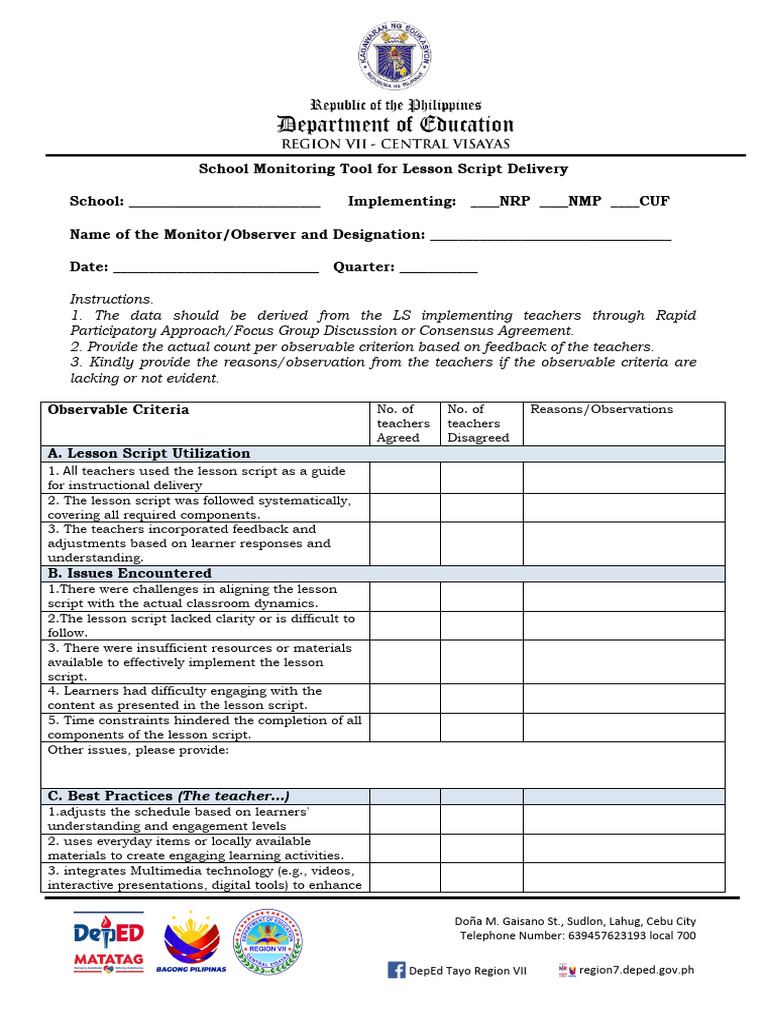 School Monitoring Tool For Lesson Script Delivery | PDF | Teachers ...