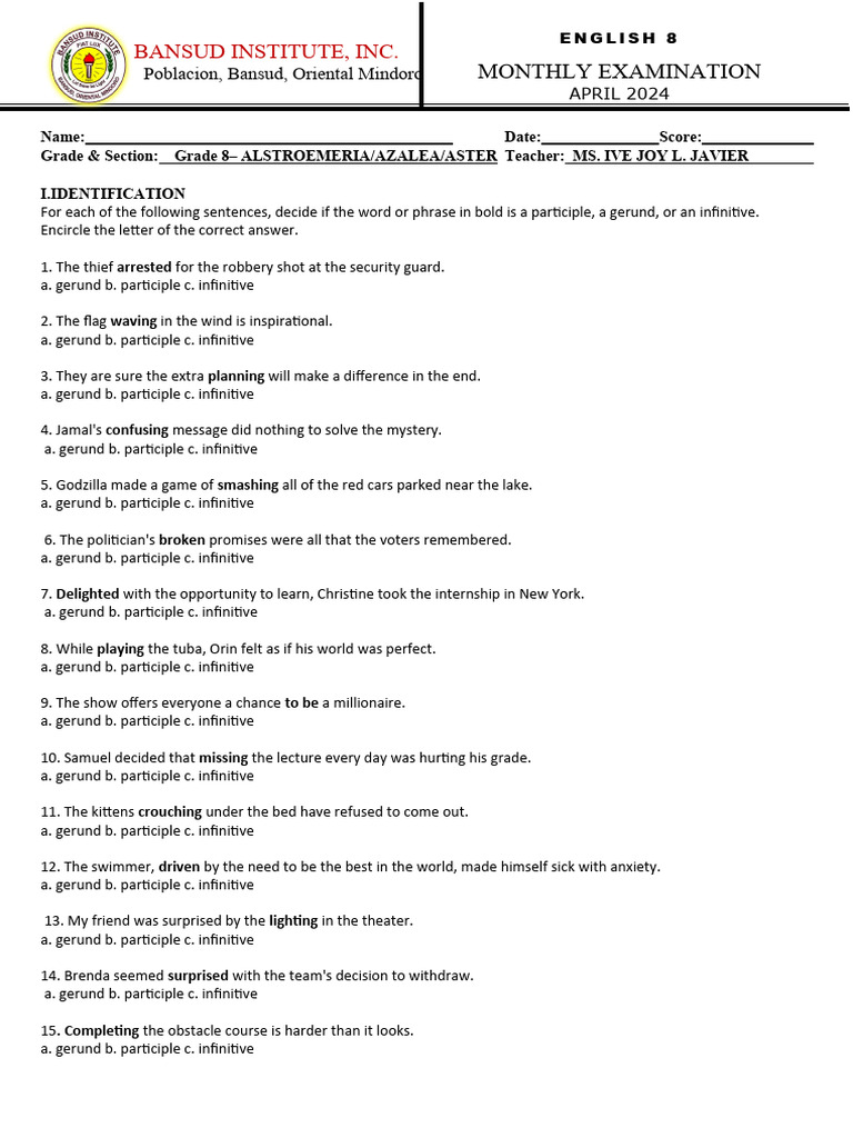 Monthly Examination February | PDF | Sentence (Linguistics) | Subject ...