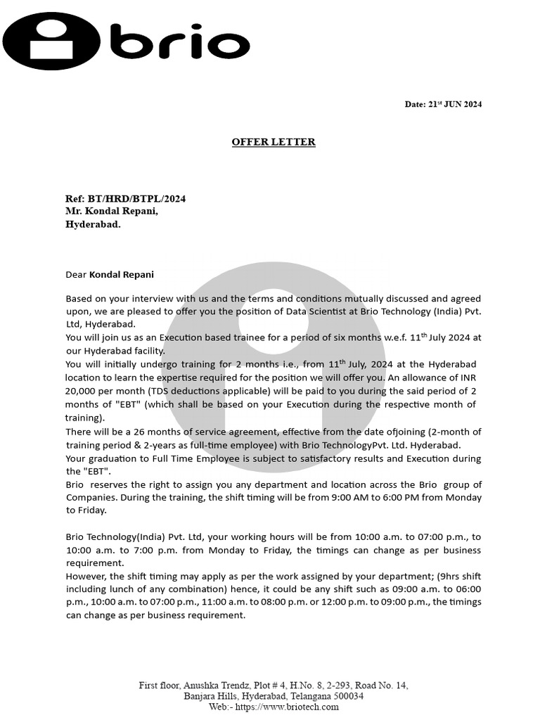 Brio Technologies Private Limited Offer Letter | PDF | Salary Brio Technologies Private Limited Offer Letter | PDF | Salary