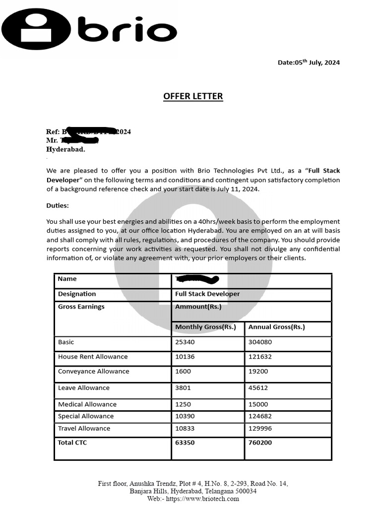 Brio Technologies PVT LTD Offer Letter | PDF